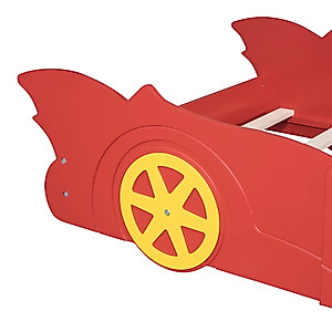 RORIGAT Twin Size Race Car-Shaped Platform Bed with Wheels,Wooden Loft Bed Frame,Cute Racing Bed for Kids Boys and Girls,Red