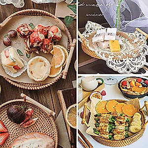 Dicunoy 3 Pack Rattan Basket Tray, Round Wicker Serving Baskets with Handles for Bread, Coffee Table, Decorative Woven Serving Tray for Vegetable, Snack (10", 9", 8")