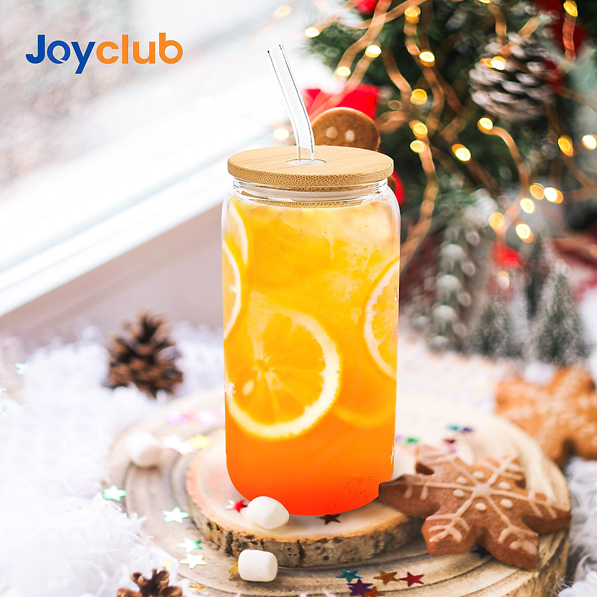 Joyclub 12 Set Glass Cups with Bamboo Lids and Straws 16oz Can Shaped Reusable Iced Coffee Cups with Lids, Drinking Glasses Tumbler with Straw and Lid for Soda Boba Tea Cocktail Whiskey Gift