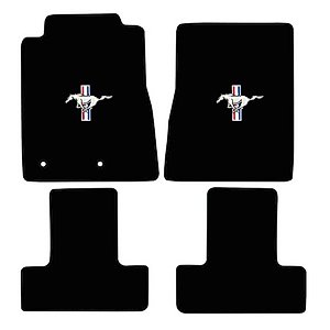 ACC Mats Compatible with 2010-2014 Ford Mustang - 4 PC Black Carpet Floor Mat Set w/Pony Tri-Bar Logo on Front Mats