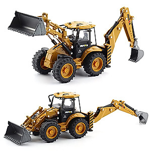Dollox Die-cast Excavator Backhoe Front Loader Truck 1/50 Metal Engineering Vehicle Construction Tractor Model Collection Bulldozer Back Hoe Truck Decoration Toy Gift for Kids