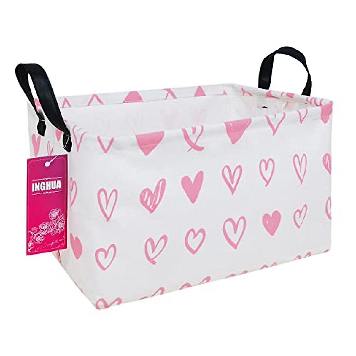 INGHUA Rectangular Storage Basket Fabric Organizer Bin for Toys,Books,Clothes,Gifts,Pets-Perfect for Home,Office,Nursery,Dorm,Shelf(Rec-Pink Hearts)