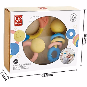 Hape Rattle & Teether Collection | 3-Piece Rattle & Teething Set for Babies, Soft Colors