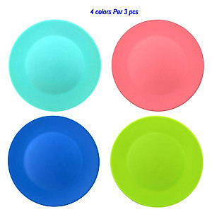 YUYUHUA Plastic Plates Reusable 10 inch - Kitchen Flat Dinner Plates - Dishwasher Safe & Microwavable Plates set of 12 - Kids Stacking Colorful Plates for Indoor Outdoor (BPA Free)