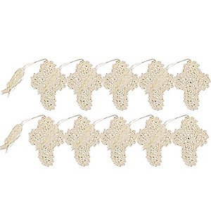 Home-X Ivory Crocheted Cross Bookmarks with Tassel-Religious Church Gifts and Bible Study Supplies-Set of 10-4"H x 3"W