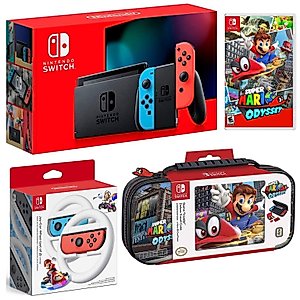 Nintendo Switch Bundle: 32GB Console Red and Blue Joy-Con, Nintendo Switch Wheel (set of 2), Super Mario Odyssey Video Game and Deluxe Travel Case (Renewed)