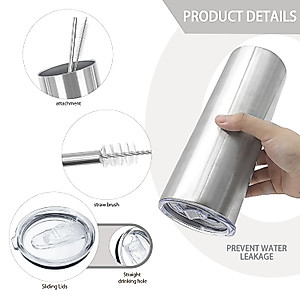 YOUKE OLA 16 Pack Stainless Steel Skinny Tumblers Blank Bulk Straight Double Wall Insulated Tumbler with Lid and Straw for, DIY Gift, 20oz Silver
