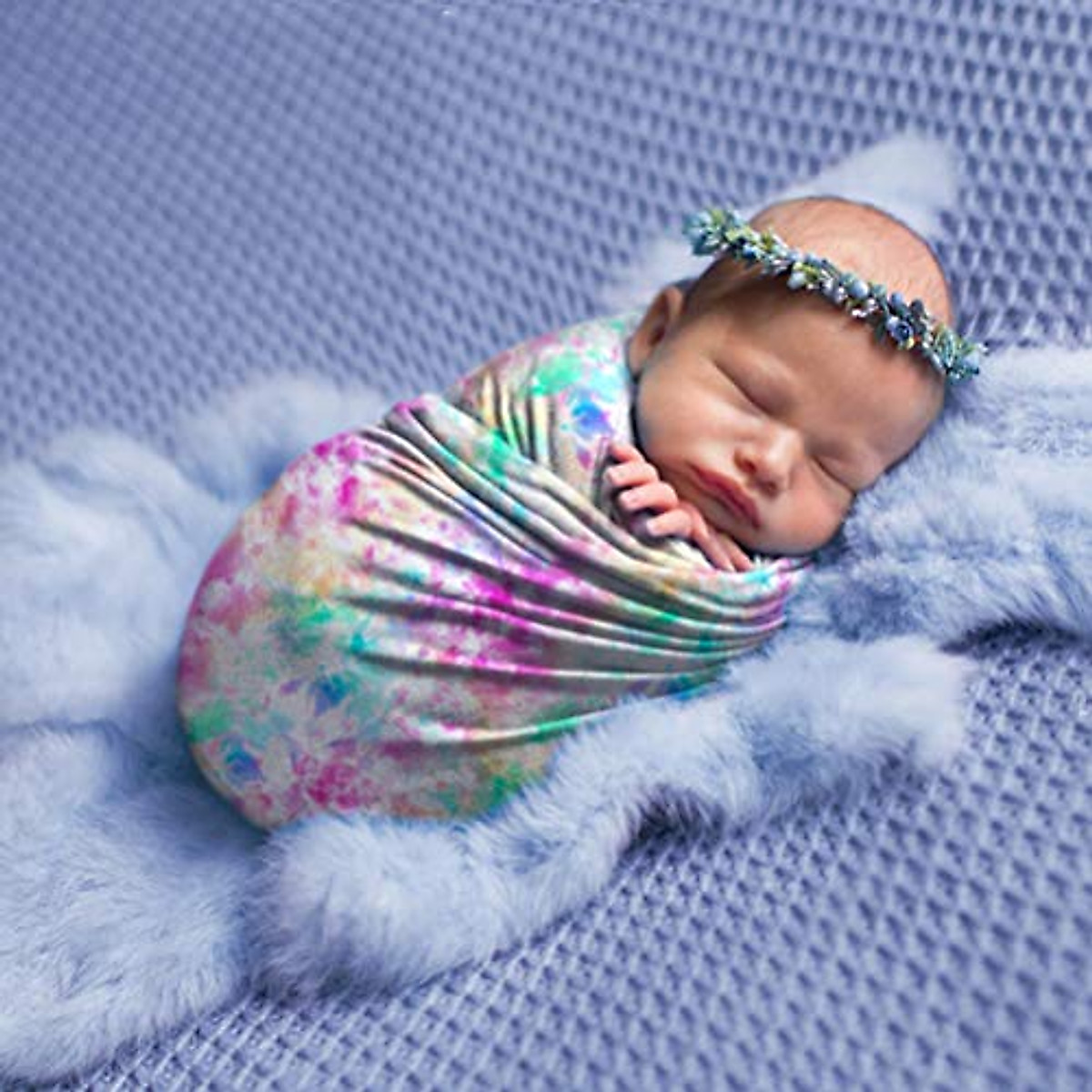TOYANDONA Infant Swaddle Wrap Tie Dye Receiving Blanket with Bow Headbands Baby Wrap Blanket Stretchy Swaddle Sack Photo Booth Prop for Newborn Infant Baby Unisex