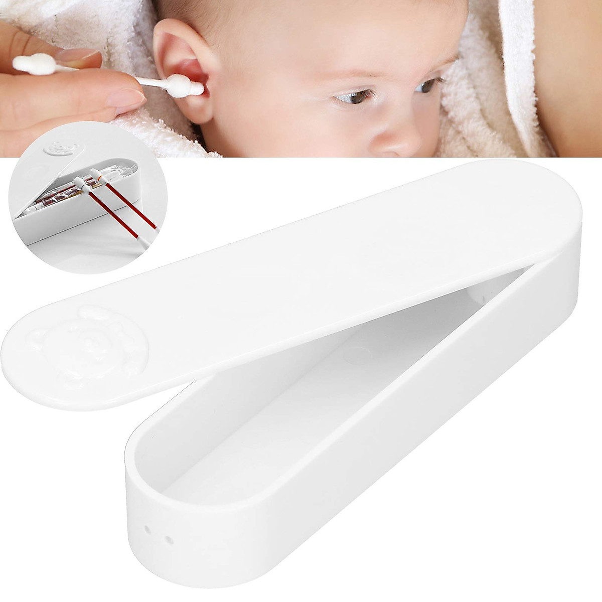 Zerodis Cotton Swab Box, Cartoon Bear Pattern Mini Travel Swab Case Unique Keepsake Trinket Box with Cover for Home Office(White)