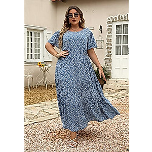 Nemidor Womens Plus Size Boho Ditsy Floral Print Casual Layered Flared Maxi Dress with Pocket NEM304(22,Blue White)