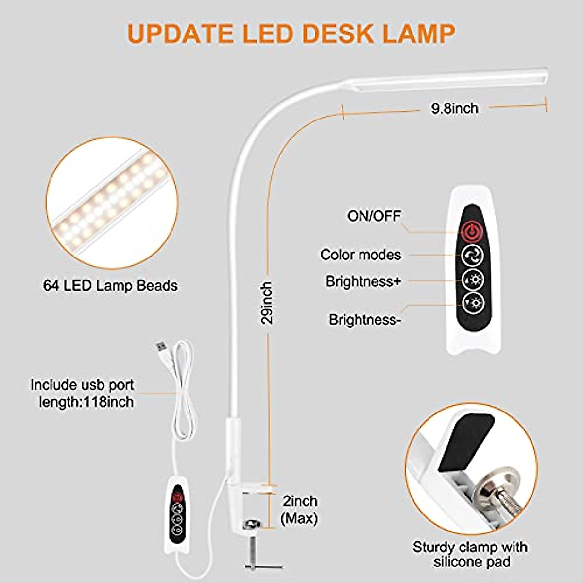 LED Desk Lamp, YOTUTUN Swing Arm Table Lamp with Clamp, Flexible Gooseneck Task Lamp, Eye-Caring Architect Desk Light, 3 Modes 10 Brightness Levels, Memory Function Desk Lamps for Home Office, 10W