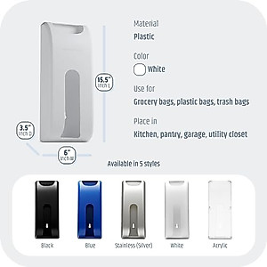 Manterio Plastic Bag Holder | Durable Plastic Wall Mount Kitchen Grocery Bag Storage Organizer | Smudge Proof, Fingerprint Resistant | White