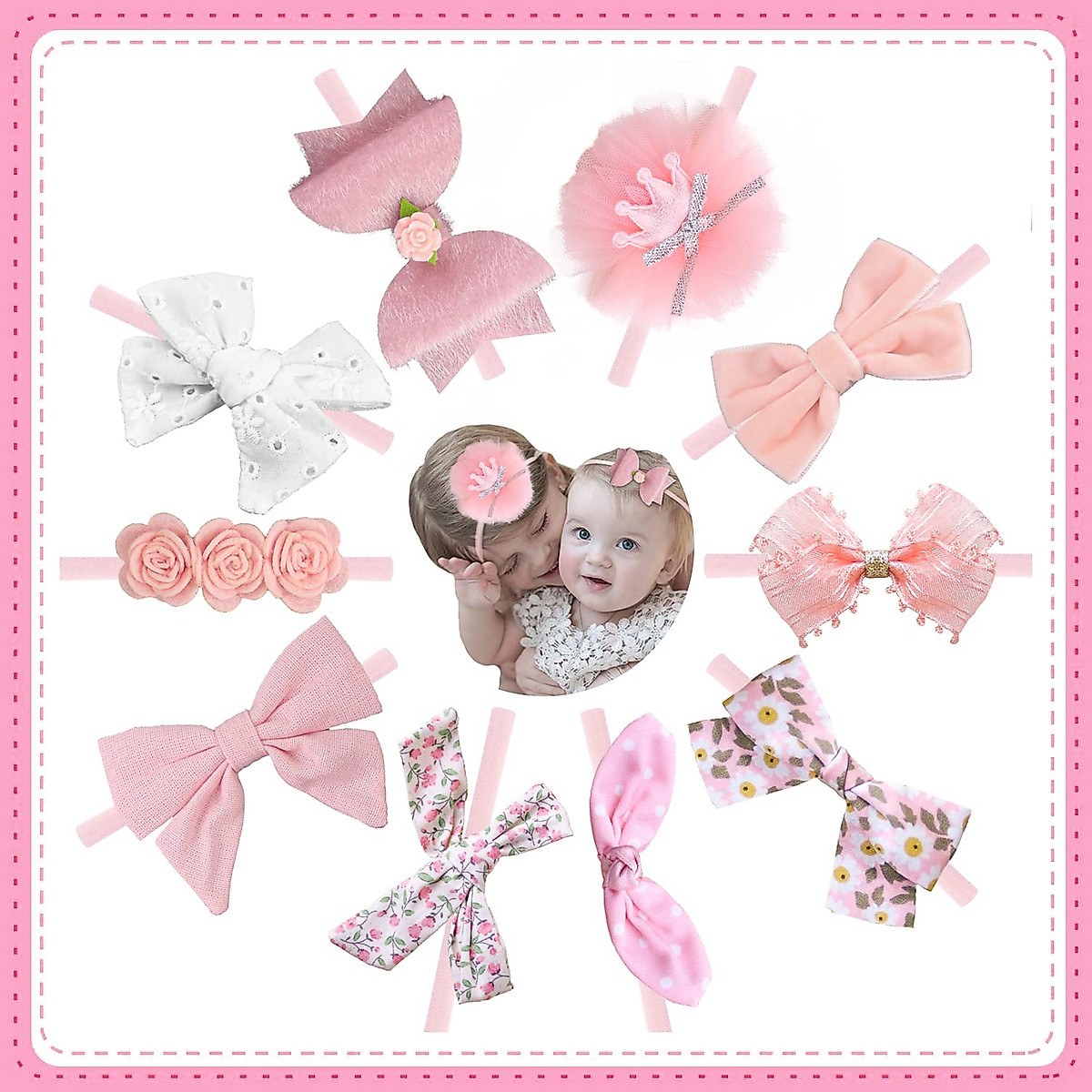 PONAPO Baby Girls Headbands with Bows, 10PCS Infant Headbands Elastics for Newborn, Toddlers, Kids - Pink