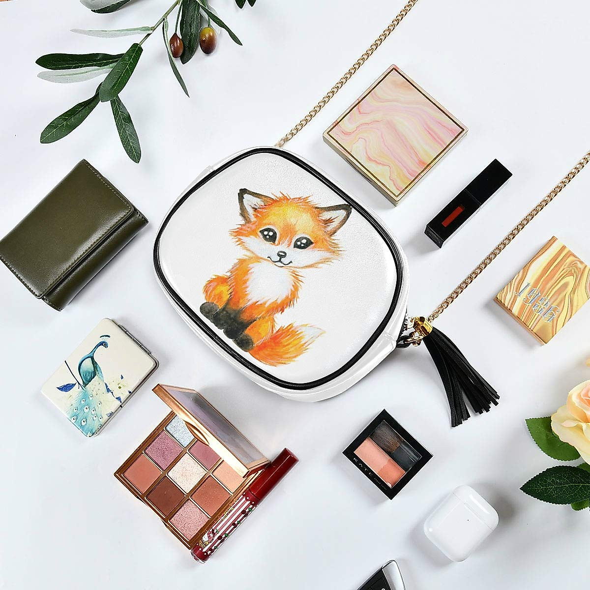 ALAZA PU Leather Small Crossbody Bag Purse Wallet Cute Little Fox Animal Print Cell Phone Bags with Adjustable Chain Strap & Multi Pocket