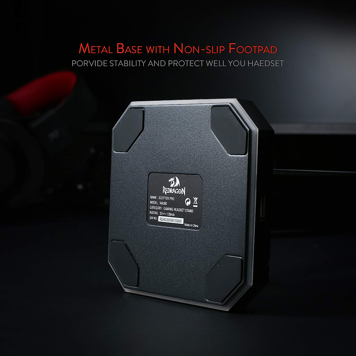 Redragon HA300 Scepter Pro Headset Stand, RGB Backlit Gaming Headphone Stand with Aluminum Supporting Bar, Non-Slip Solid Rubber Base and 4X USB 2.0 Ports for All Headphones