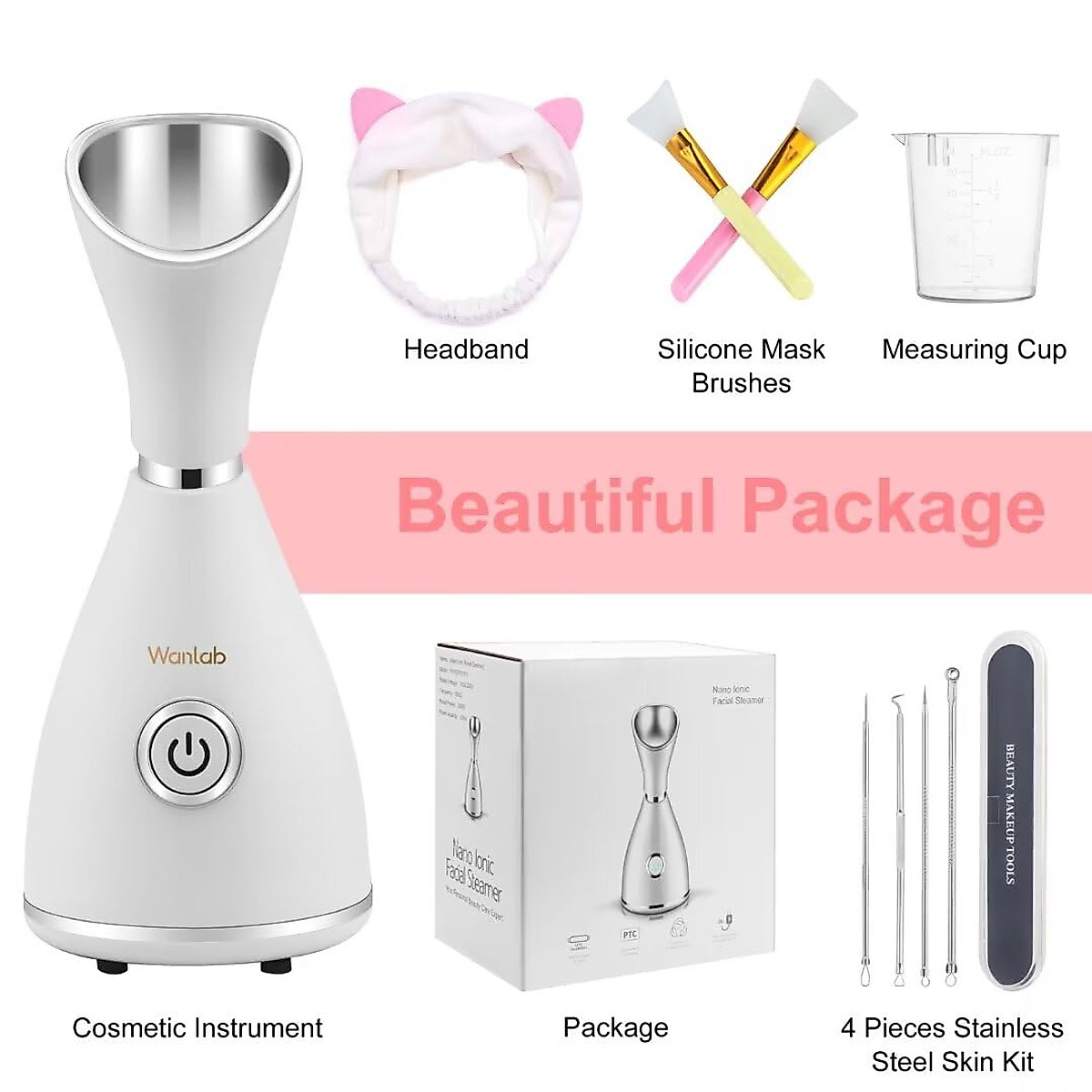 Portable Facial Steamer Nano Face Steamer Warm Mist Home Skin Spa Steamers for Sinuses Acne Pores Cleanse Blackhead Remover Kit Mask Brush