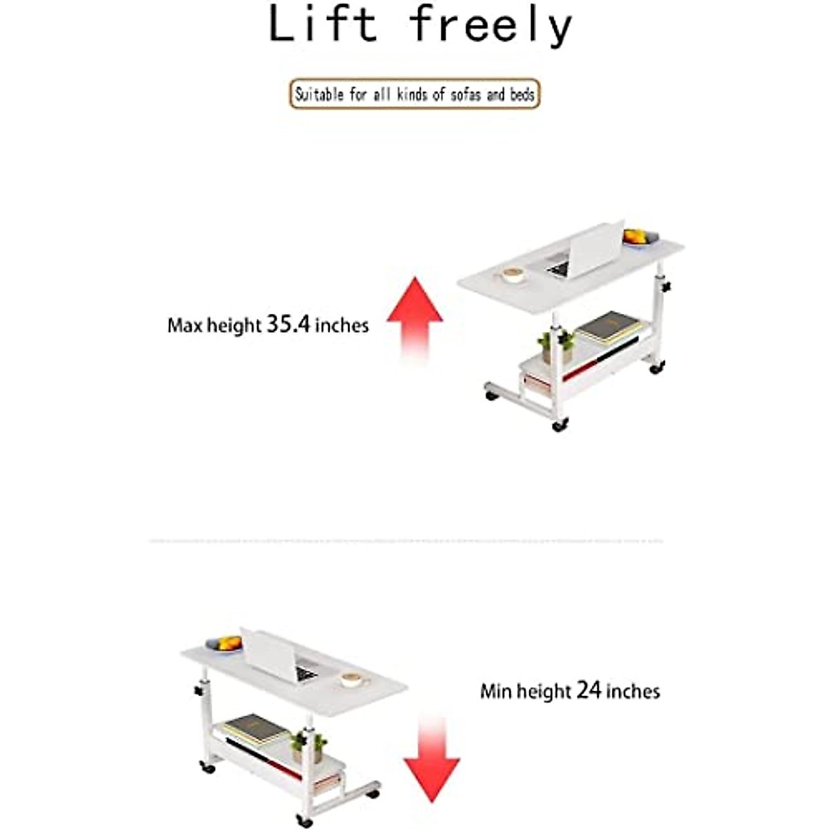 Adjustable Table Student Computer Desk Portable Home Office Furniture Small Spaces Desk Sofa Bedroom Bedside Desk Learn Play Game Desk on Wheels Movable with Storage Desk Size 31.5 * 15.7 Inch,White