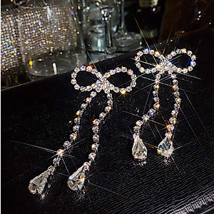 Missgrace Women Bohemian Dainty Dangle Bowknot Tassels Statement Earrings Trendy Unique Full Rhinestones Shiny Bar Disco Earrings Set Jewelry for Women (Pattern 6)