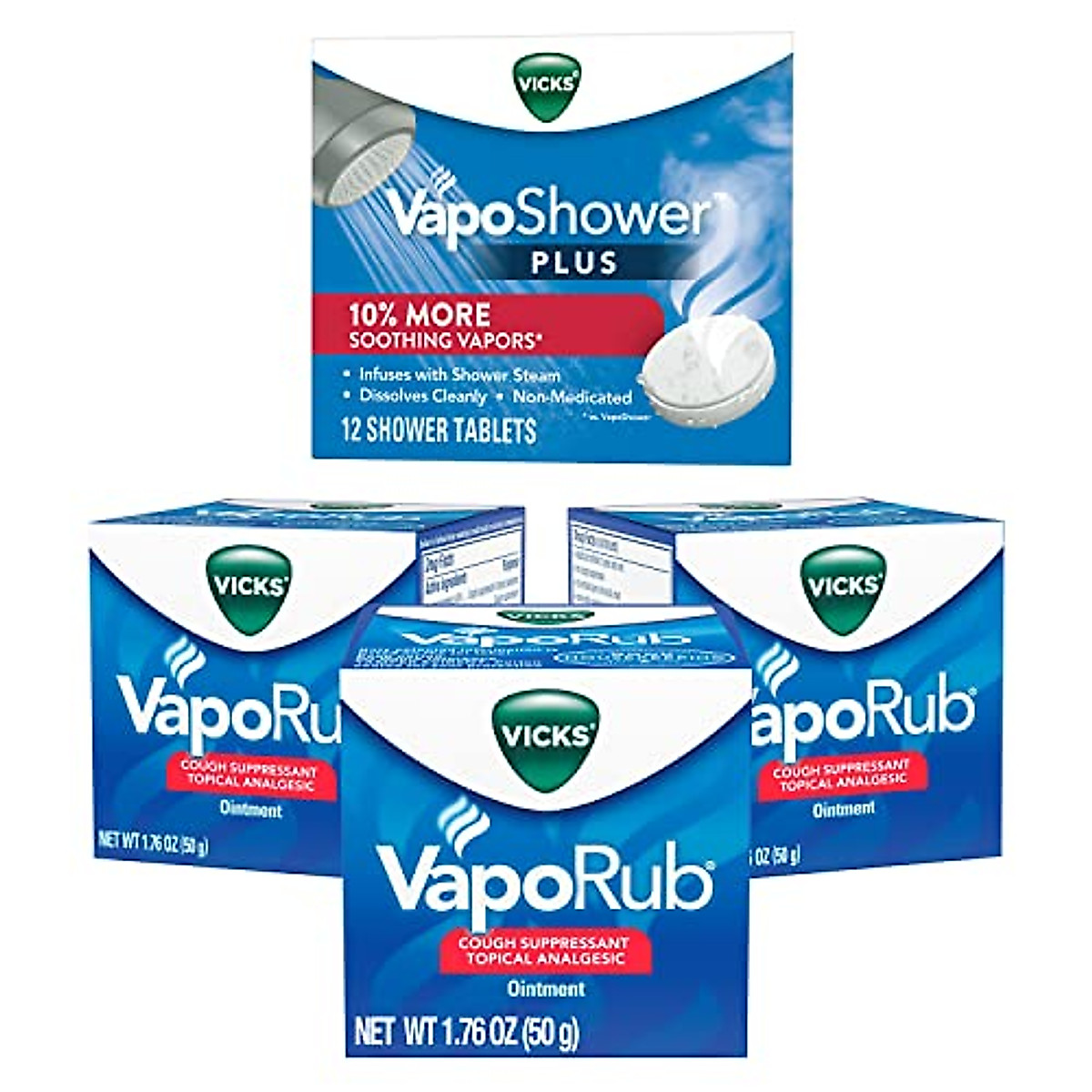 Vicks VapoRub, Chest Rub Ointment, Relief from Cough, Cold w/ Original Medicated Vapors, 1.76 OZ (3 Pack) VapoShower Plus, Shower Bomb Tablets, Soothing Non-Medicated Vapors, 12 Tablets