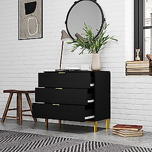 DiDuGo Black and Gold Nightstands Set of 2 Bedside Table 3 Drawer Dresser, Large Nightstand with Gold Metal Legs for Bedroom (31.5”w x 15.7”D x 29.7”H)