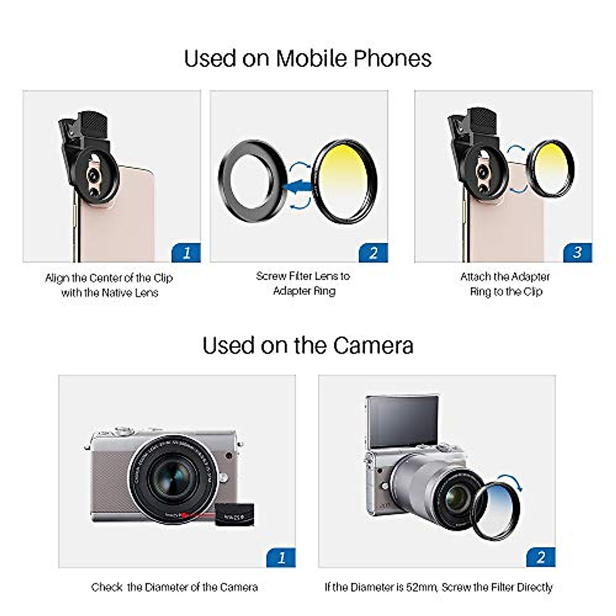 Apexel 52mm Filter Lens Kit (Graduated Filter Lens-Red Orange Yellow Blue, CPL, ND32, Star Lens-6 Point) for Smartphone Camera Canon Nikon Sony Olympus