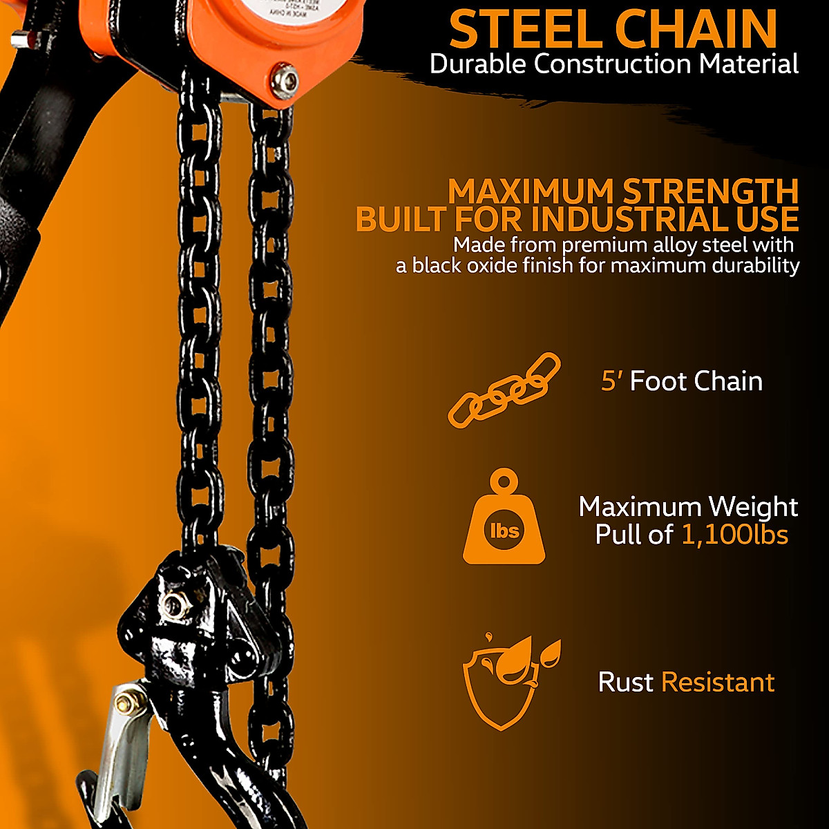 SuperHandy Manual Chain Hoist Come Along 1/2 Ton 1100Lbs Capacity 5' Foot Lift 2 Heavy Duty Hooks Commercial Grade Steel Construction Building Garages Warehouse Automotive Machinery
