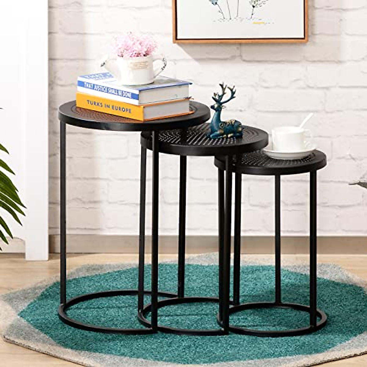 ALIMORDEN Set of 3 Round Metal Nesting Table, 3-Pack Indoor&Outdoor Coffee Snack Side Table, Accent Nightstand for Bedroom, Sofa Side Table for Living Room, Garden, Patio, (D) 14" x(H) 19.69", Black