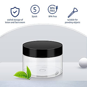 BonyTek Household 4oz Plastic Jars with Lids, 5 Pack BPA Free, Reusable, Refillable Transparent Cosmetic Containers for Bath Salts, Cosmetics, Powders, Beauty Product and Small Accessories