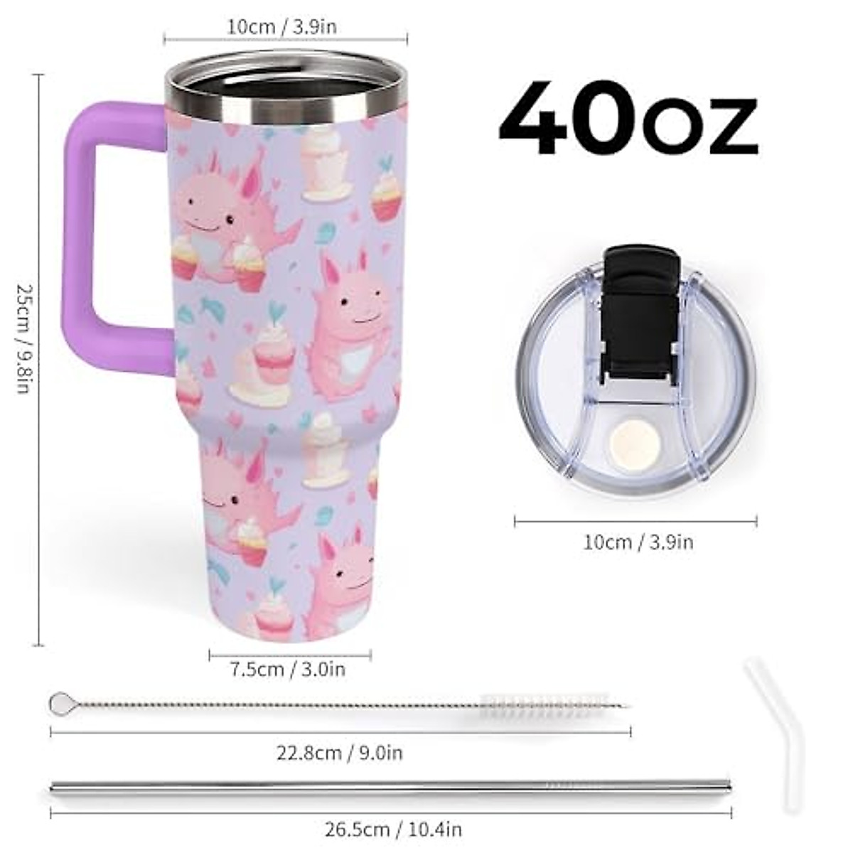 Axolotl Ice Cream 40 Oz Stainless Steel Cup Travel Tumbler with Handle and Straw Lightweight Coffee Mug for Home Office