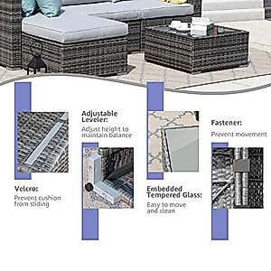 Patiorama 7 Pieces Outdoor Patio Furniture Set, All Weather Grey PE Wicker Rattan Sectional Conversation Set, Porch Garden W/Built-in Glass Table, Seat Clips, Light Grey Cushions