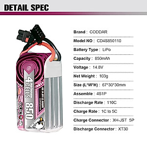 CODDAR 850mAh 4S 14.8V 110C LiPo Battery with XT30 Connector for RC Heli Airplane Quadcopter Helicopter Multi-Motor Hobby DIY Parts,63mm to 101mm Size FPV, 63mm inch to 76mm CineWhoop, CD4S850110