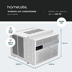 hOmeLabs Window Air Conditioner 10000 BTU - Smart Control, Eco Mode, LED Control Panel - Low Noise, Remote Control - Compatible with Alexa/Google Assistant - White - Ideal For Rooms up to 450 Sq. Ft.