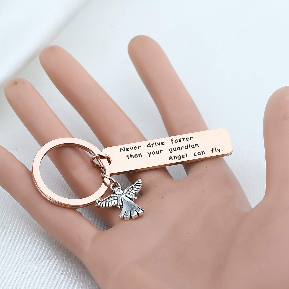 PLITI Never Drive Faster Than Your Guardian Angel Can Fly Keychain Guardian Angel New Driver Driving License Key Chain Father’s Day Gift (ECI Never drive RG)