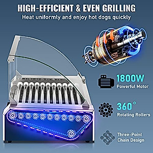 VEVOR Hot Dog Roller, 30 Hot Dog Capacity 11 Rollers, 1800W Stainless Steel Cook Warmer Machine w/Cover & Dual Temp Control, LED Light & Detachable Drip Tray, Sausage Grill Cooker for Kitchen Canteen
