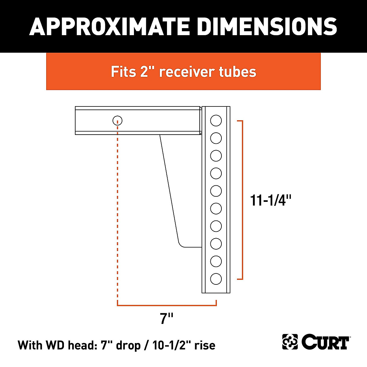 CURT 17123 Replacement Weight Distribution Hitch Shank, 2-Inch Receiver, 7-Inch Drop, 10-1/2-Inch Rise , Black