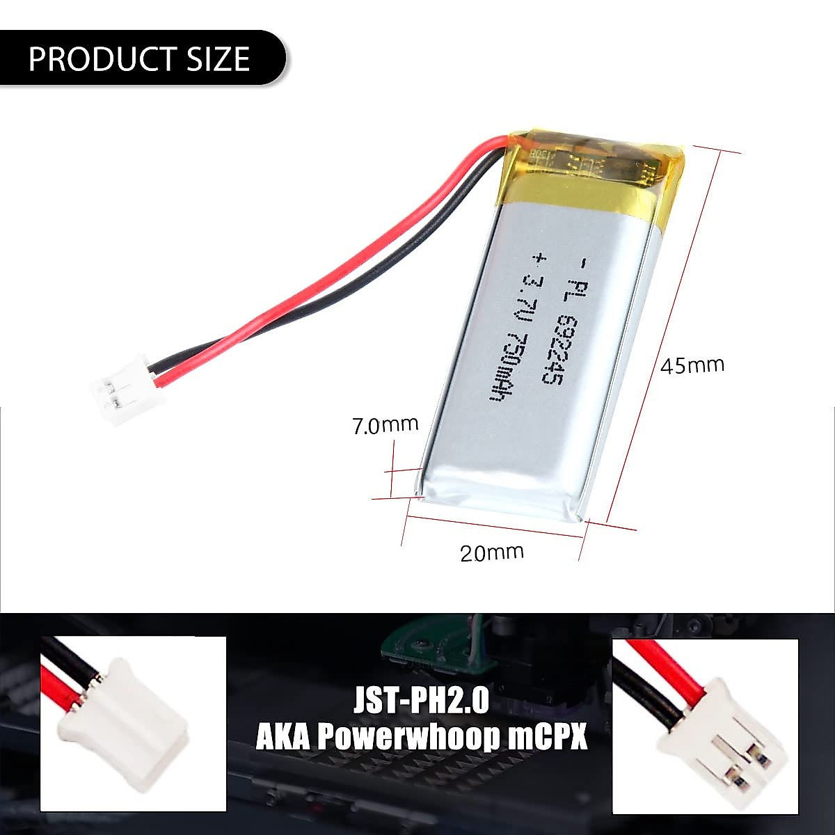 AKZYTUE 3.7V 750mAh 692245 Lipo battery Rechargeable Lithium Polymer ion Battery Pack with PH2.0mm JST Connector