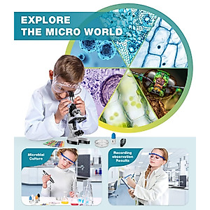 KIDSROOM 62-pcs Microscope for Kids 5-7 8-12, Kids Microscope Kit with 13 Prepared & 27 Blank Slides, Science Experiments Kits STEM Toys for Kids 3 4-6 7 8 9 10 11 12 Birthday Gifts 2024