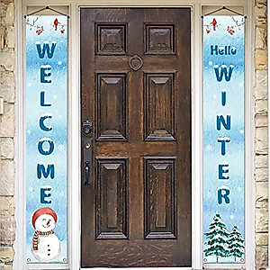 Welcome Hello Winter Porch Banner Snowman Cardinal Christmas Xmas Holiday Front Door Sign Wall Hanging Party Decoration