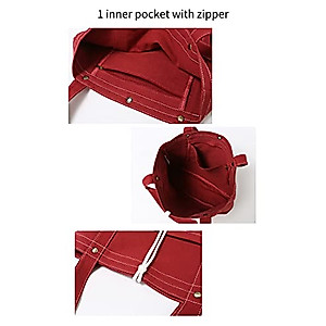 Jeelow 16 oz Washed Canvas Tote Shoulder Bags Purse Handbag For Men & Women Double Handles (Red)