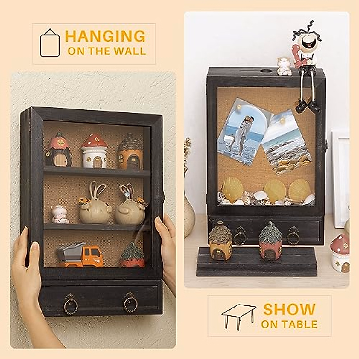 Qiannhee Shadow Box Frame 11x16 Large Shadow Box with Drawers and Removable Shelves, Display Case for Dried Flower Picture Frames Wood Memory Box, Deep Shadow Box for Pins (Carbonized Black)