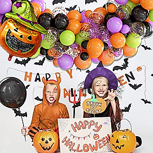 124 Pack Halloween Balloon Arch Garland Kit, Black Orange Green Purple Confetti Balloons and Mylar Pumpkin Balloon for Kids Halloween Birthday Party Decorations Supplies