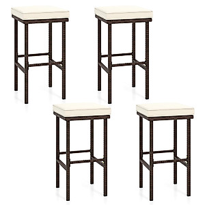 Tangkula Patio Wicker Bar Stools Set of 4, Patiojoy Outdoor Bar Height Chairs w/Seat Cushions & Footrest, Heavy-Duty Metal Frame, 400 lbs Load Bearing, Backless PE Rattan Bar Chairs
