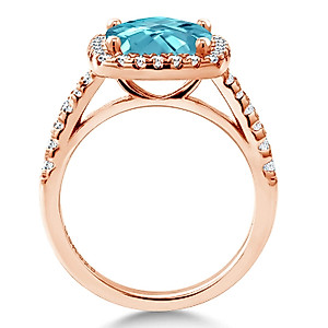 Gem Stone King 3.25 Ct Cushion Checkerboard Swiss Blue Topaz White Created Sapphire 18K Rose Gold Plated Silver Ring (Size 7)