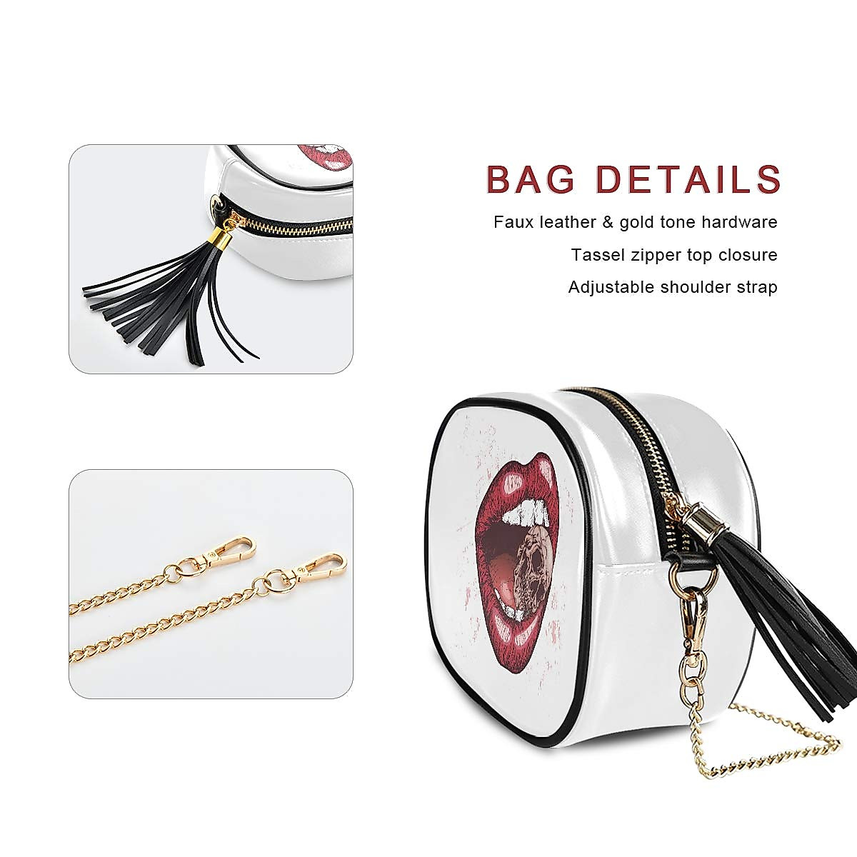 ALAZA PU Leather Small Crossbody Bag Purse Wallet Punk Red Lips Biting A Skull Cell Phone Bags with Adjustable Chain Strap & Multi Pocket