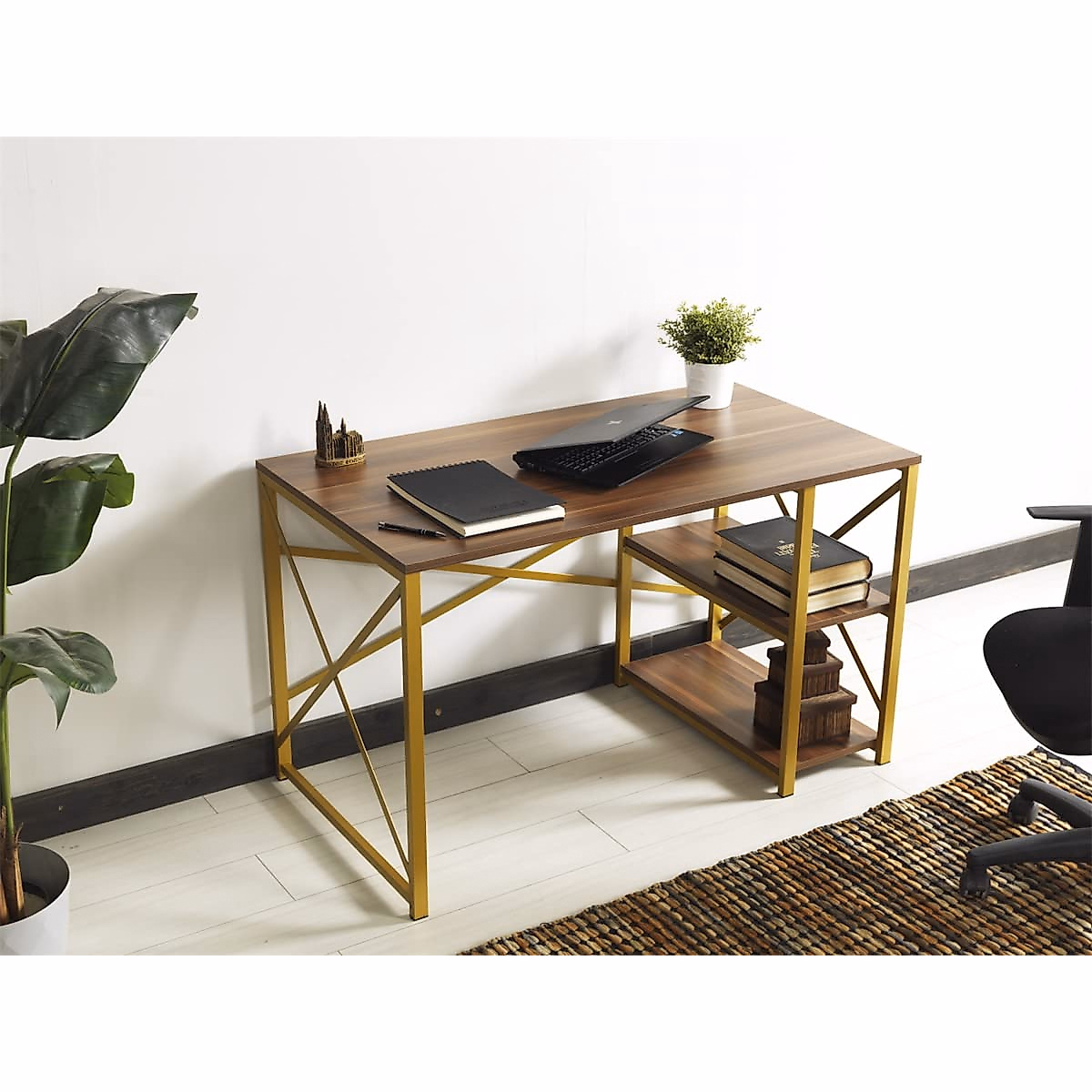 LLS Computer Desk, Work Table Writing Desk Gaming Table Workstation with 47" Wooden Top & 2 Shelves, Writing Sturdy Table Computer Desk with Gold Metal Frame for Home Office Furnish Store, Brown