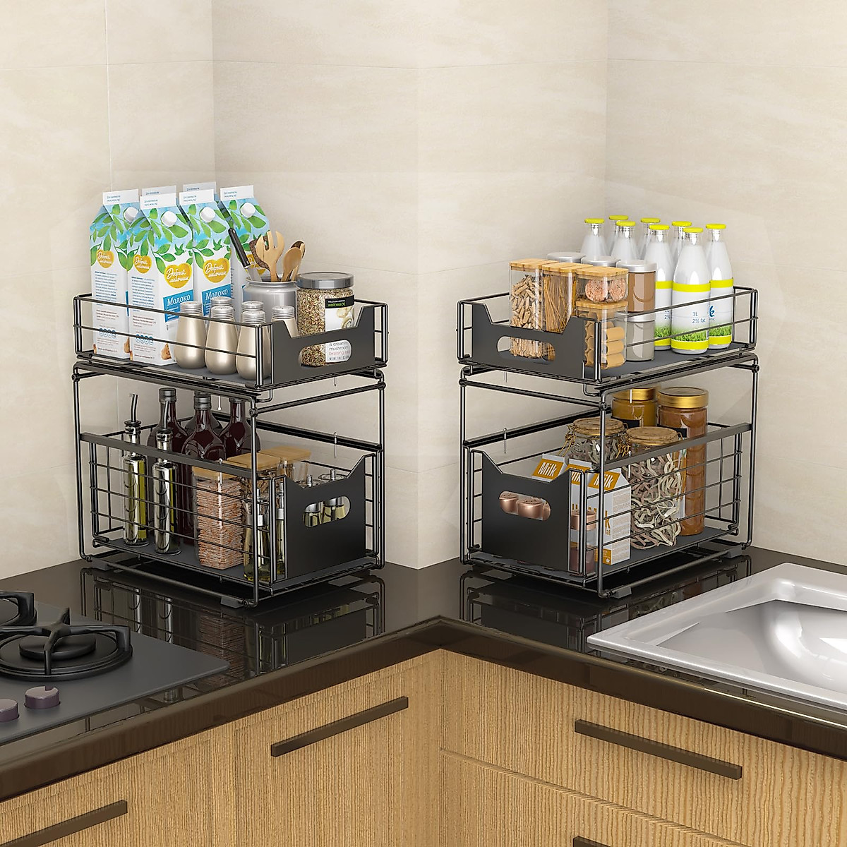 Under Sink Organizers and Storage - 2 Pack Metal Under Cabinet Organizers with Sliding Drawers,Folding Under Sink Organizer for Cabinet, Bathroom, Kitchen, Closets, Bedroom and Offices (Black)