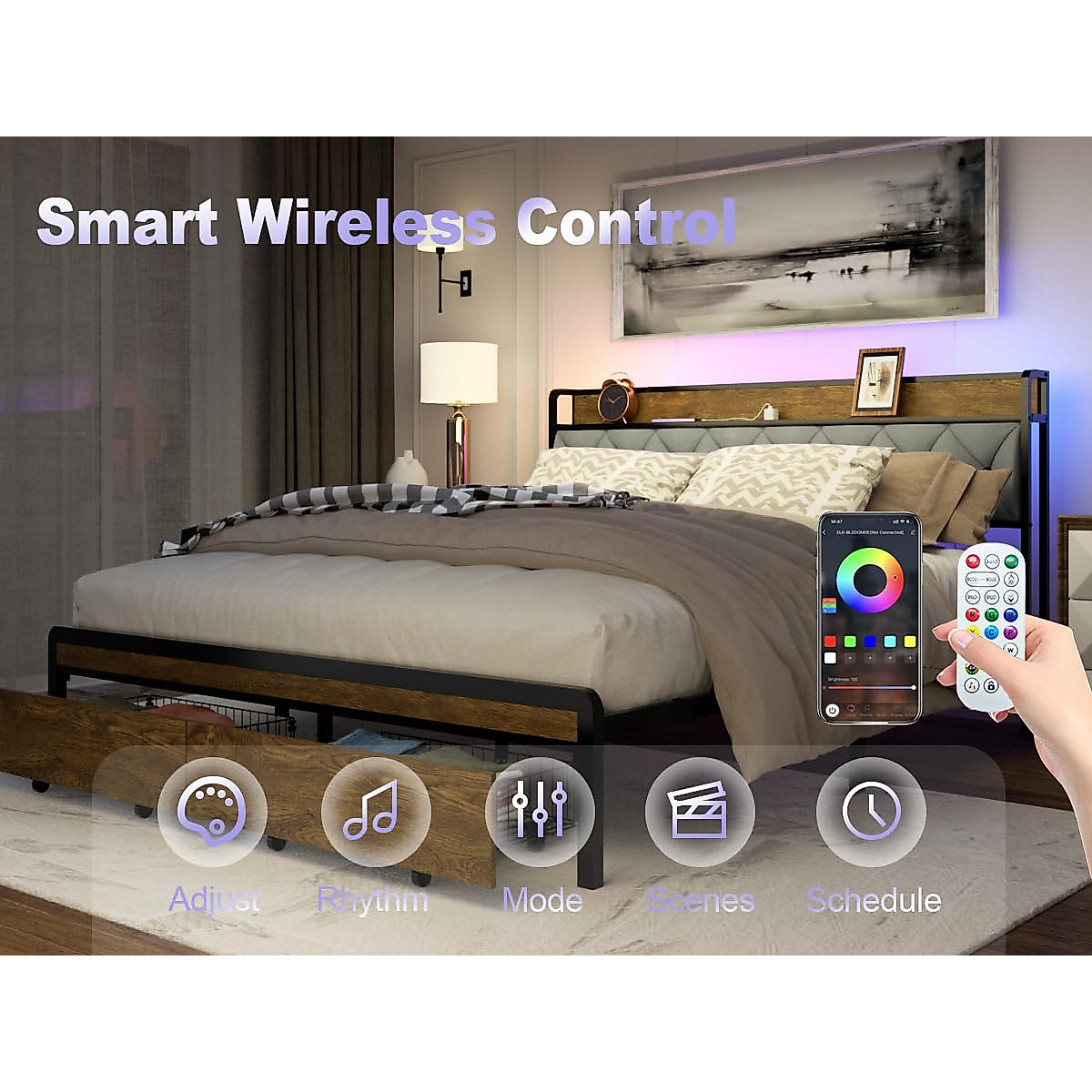 Queen Size Metal Platform Bed Frame with 2 Storage Drawers & LED Light, Upholstered Headboard with Charging Station, No Box Spring Needed, Brown Wood Panel