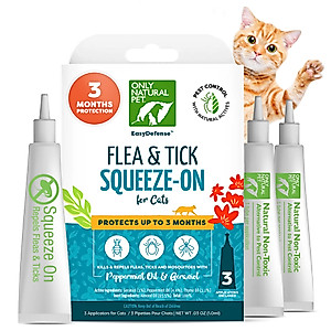 Only Natural Pet Flea and Tick Prevention for Cats - EasyDefense Flea Remedy - Natural Flea Control Squeeze-On Drops - Tick and Flea Protection - Three Months Supply (Single)