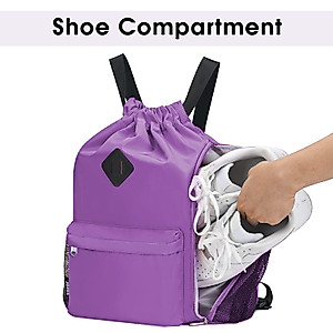 WANDF Drawstring Backpack Sports Gym Bag with Shoes Compartment, Water-Resistant String Backpack Cinch for Women Men(Large,Purple)