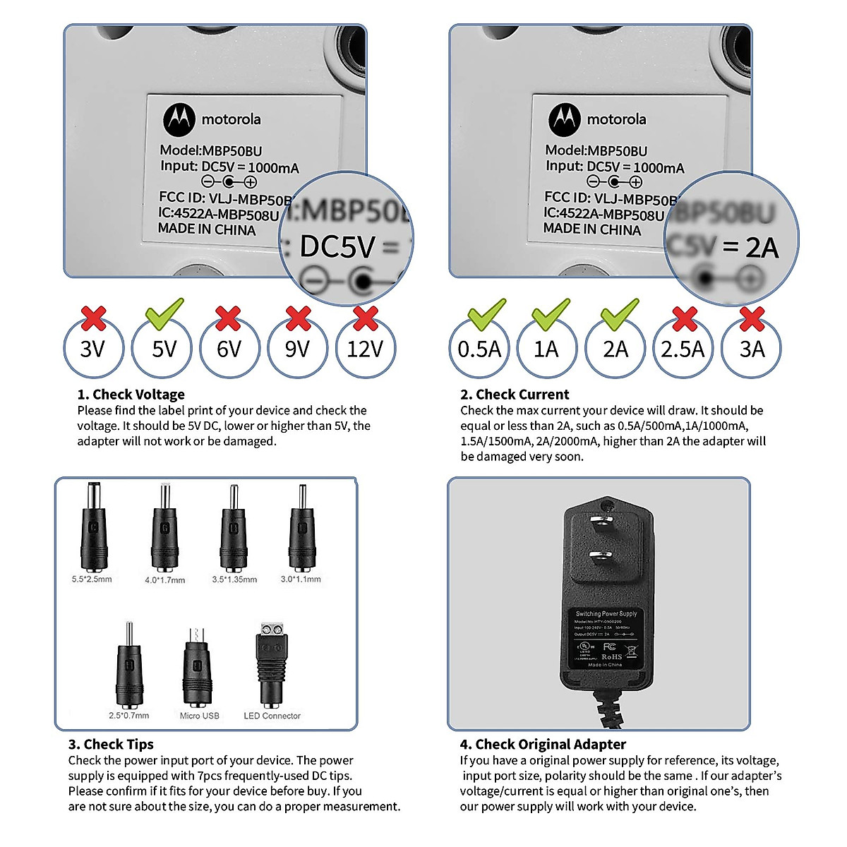 BOLWEO Universal 5v 2a Power Supply Adapter,AC to DC Adapter with 7 Tips Connector DC Plugs Adapter for TV Box, Security Camera, LED Strip Lights, Audio/Video and More 5v Household Electronic Devices